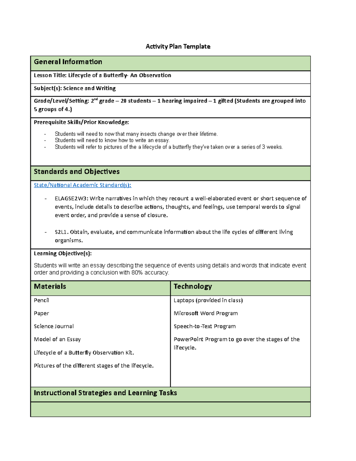Lifecycle of Butterfly Writing Integrated LP Task 1 - Activity Plan ...