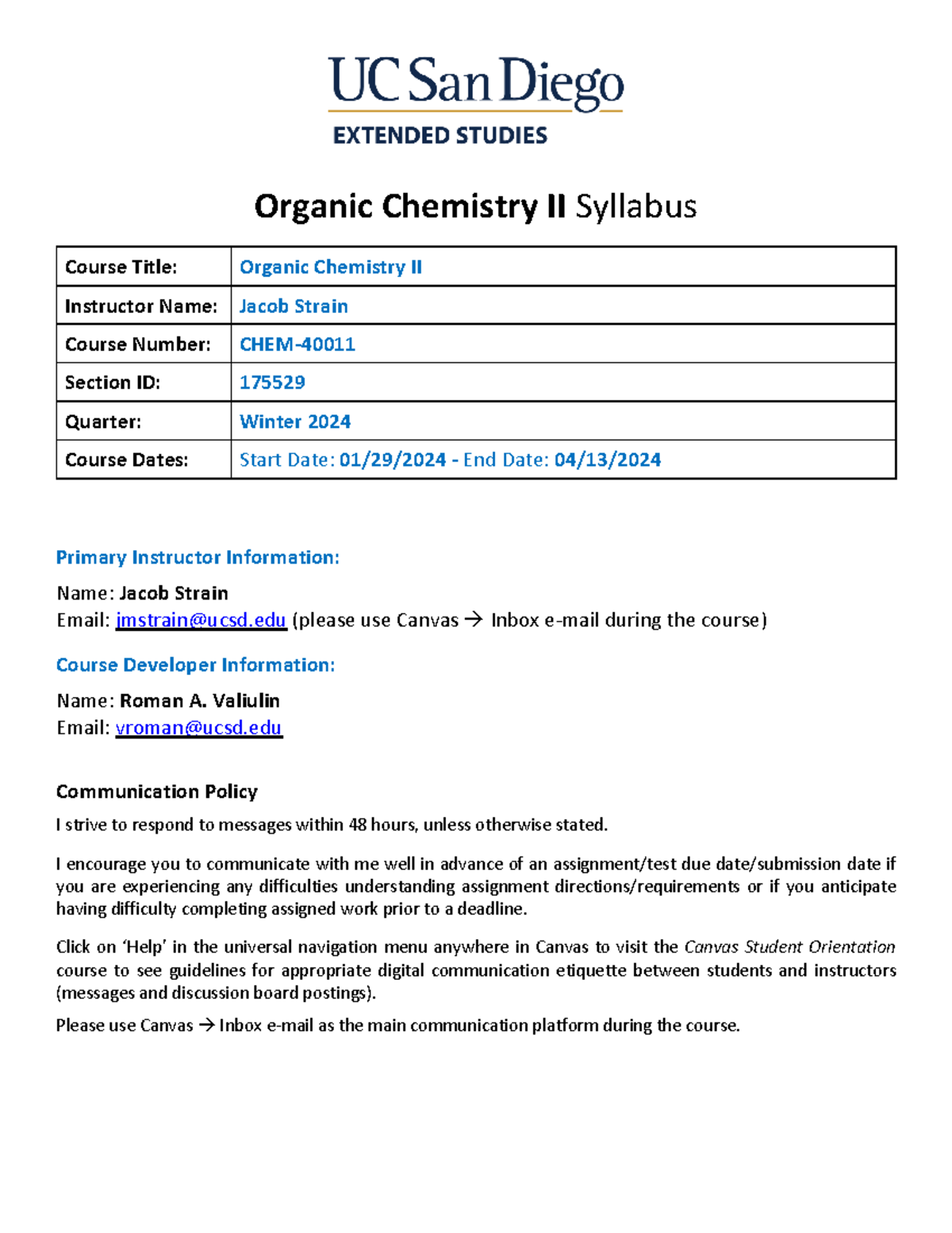 Syllabus Organic Chemistry CHEM-40011 W24 175529 - Organic Chemistry II ...