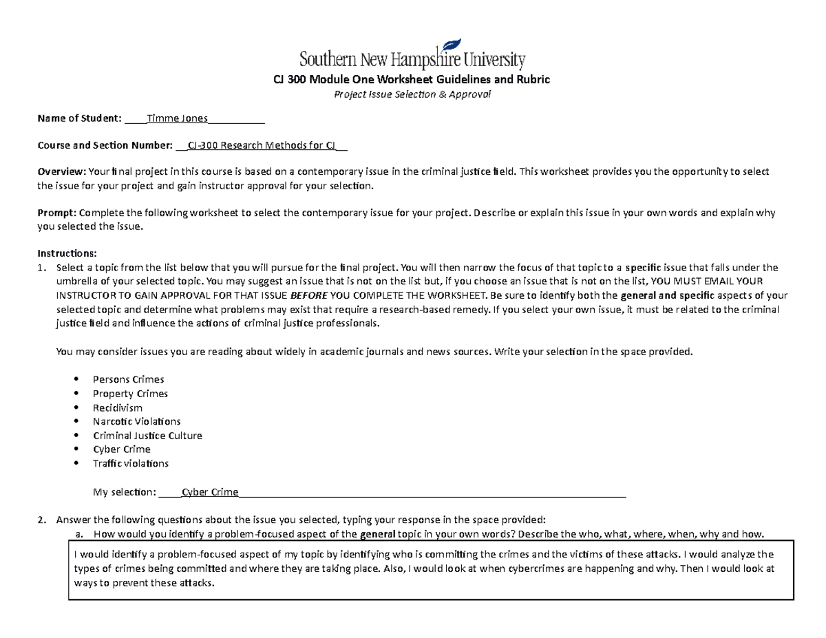 CJ 300 Module One Worksheet Guidelines and Rubric - This worksheet ...