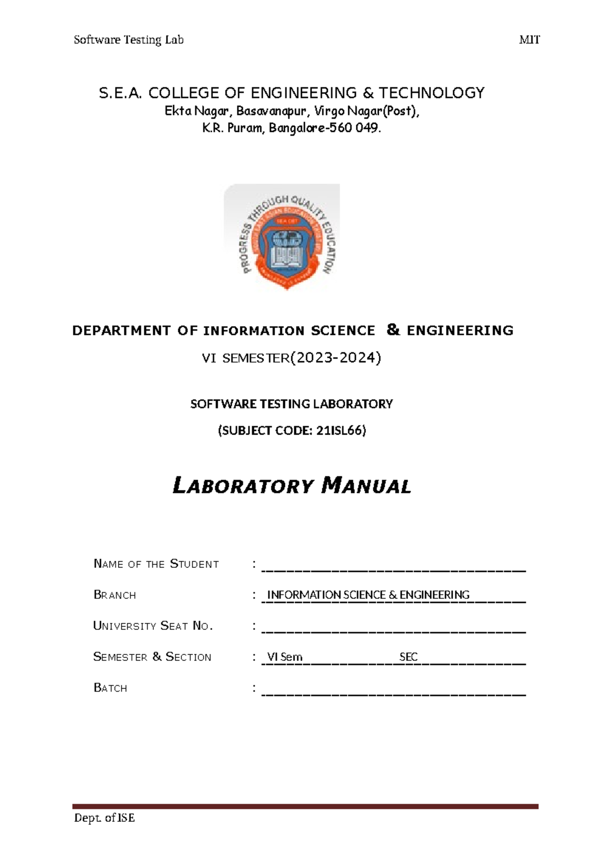 Manual ST - Software Testing Lab MIT Dept. of ISE S.E. COLLEGE OF ...