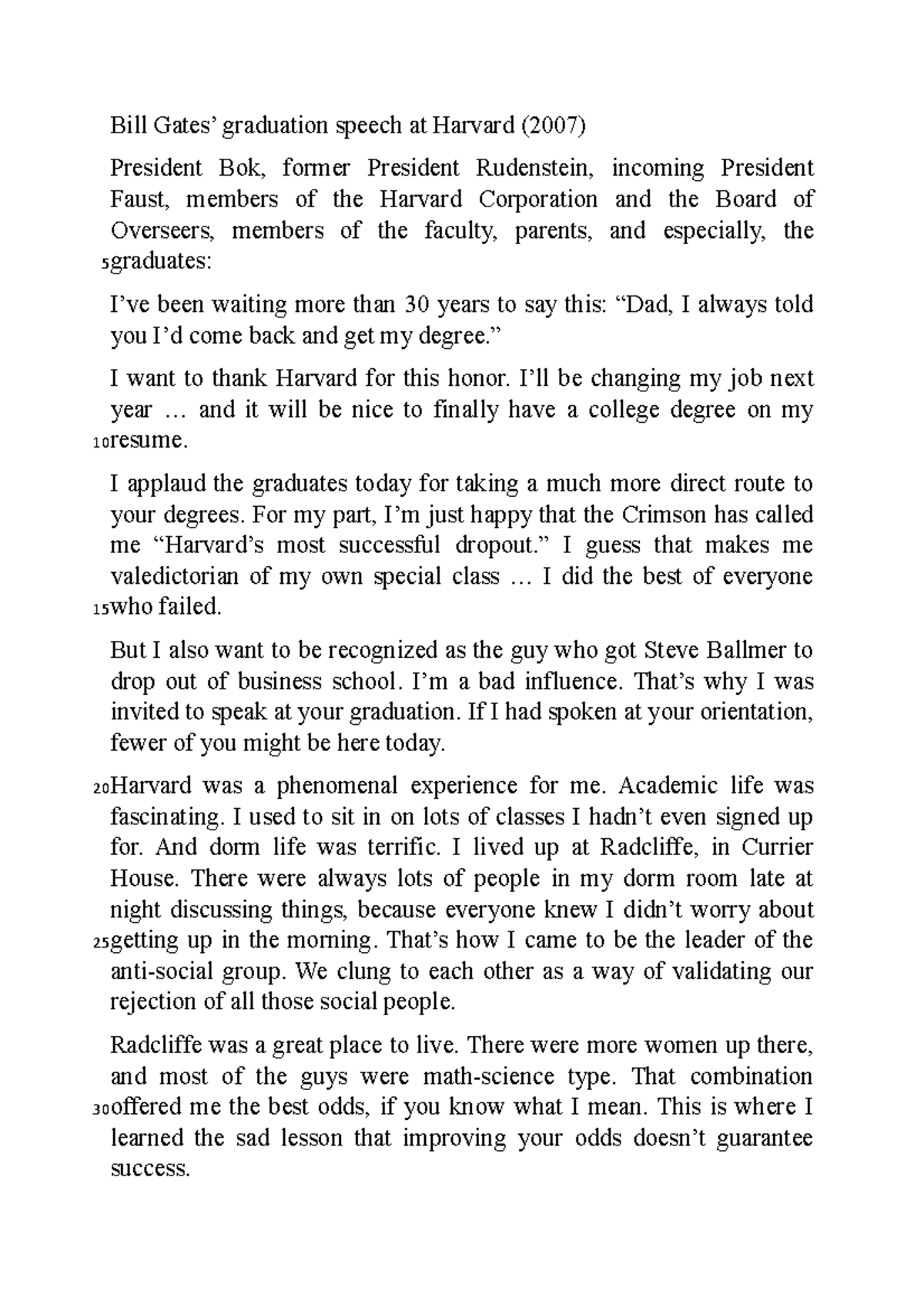 Bill Gates' speech at Harvard - Part 1 - Bill Gates’ graduation speech ...