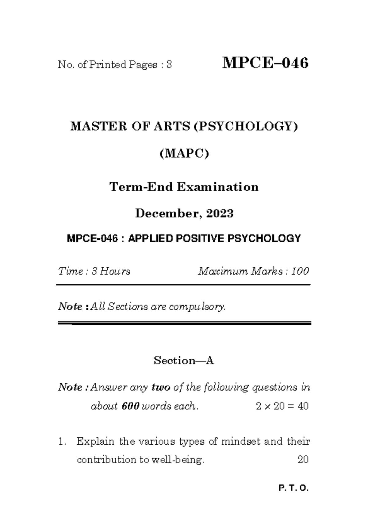 MPCE-046 Dec 2023 - EXAM PAPERS - P. T. O. No. of Printed Pages : 3 ... MPCE-046 Dec 2023 - EXAM PAPERS - P. T. O. No. of Printed Pages : 3 ...