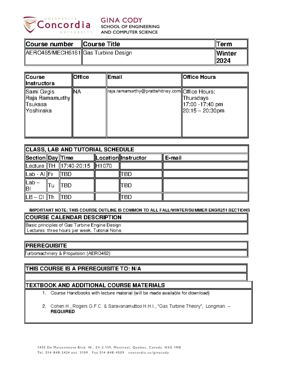 Outline 2024 - Summary Gas Turbine Design - Course number Course Title ...