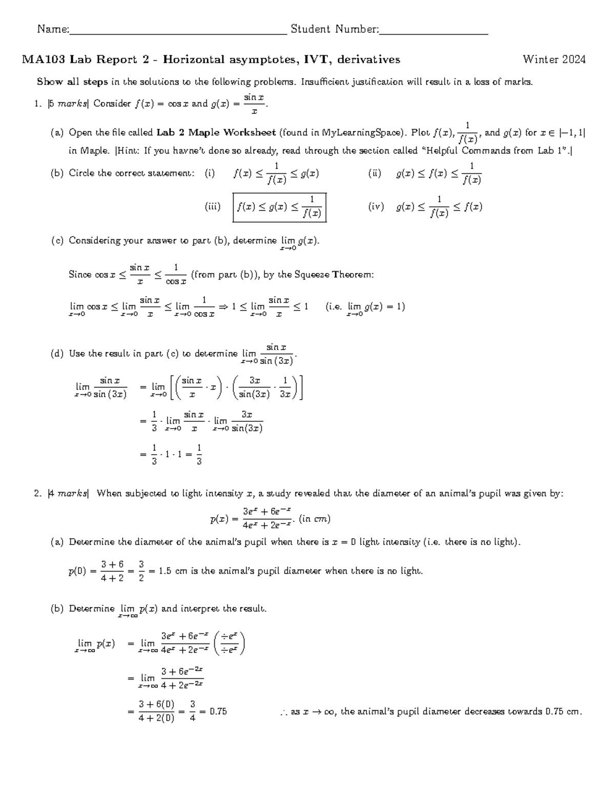 MA103 Lab 2 Solutions - Name: Student Number: MA103 Lab Report 2 ...
