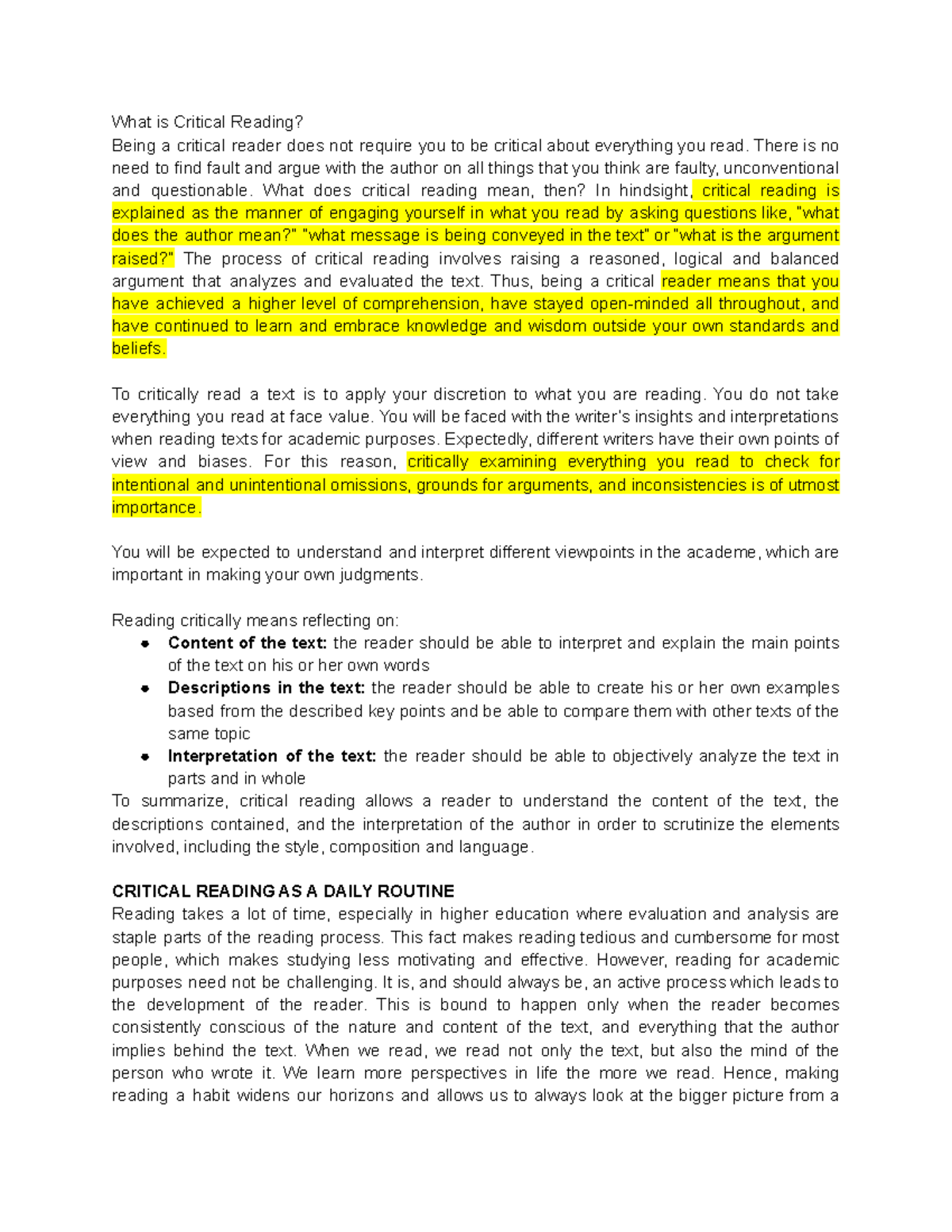 Critical Reading And Writing What Is Critical Reading Being A