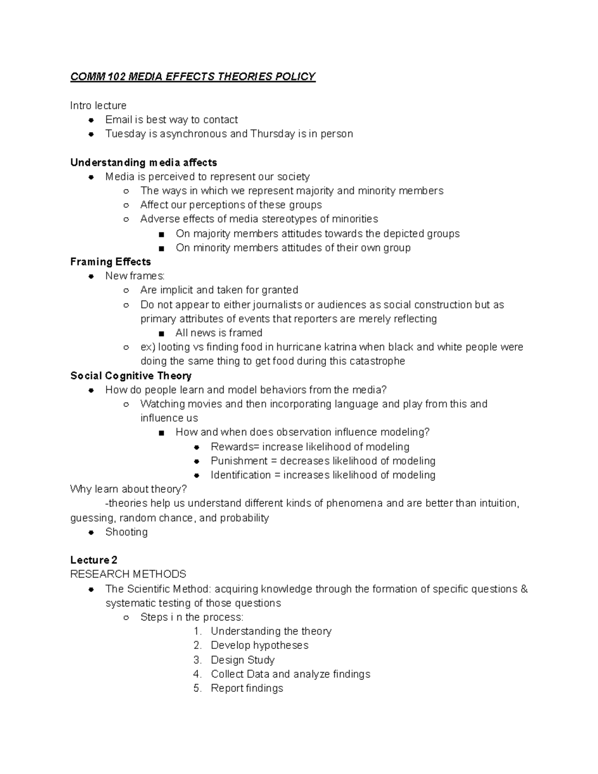 COMM 102 - Media Effects Policy Notes - COMM 102 MEDIA EFFECTS THEORIES ...