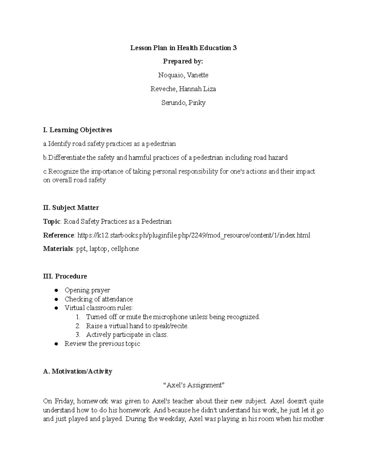 Lesson Plan- Road Safety Practices as a Pedestrian - Lesson Plan in ...