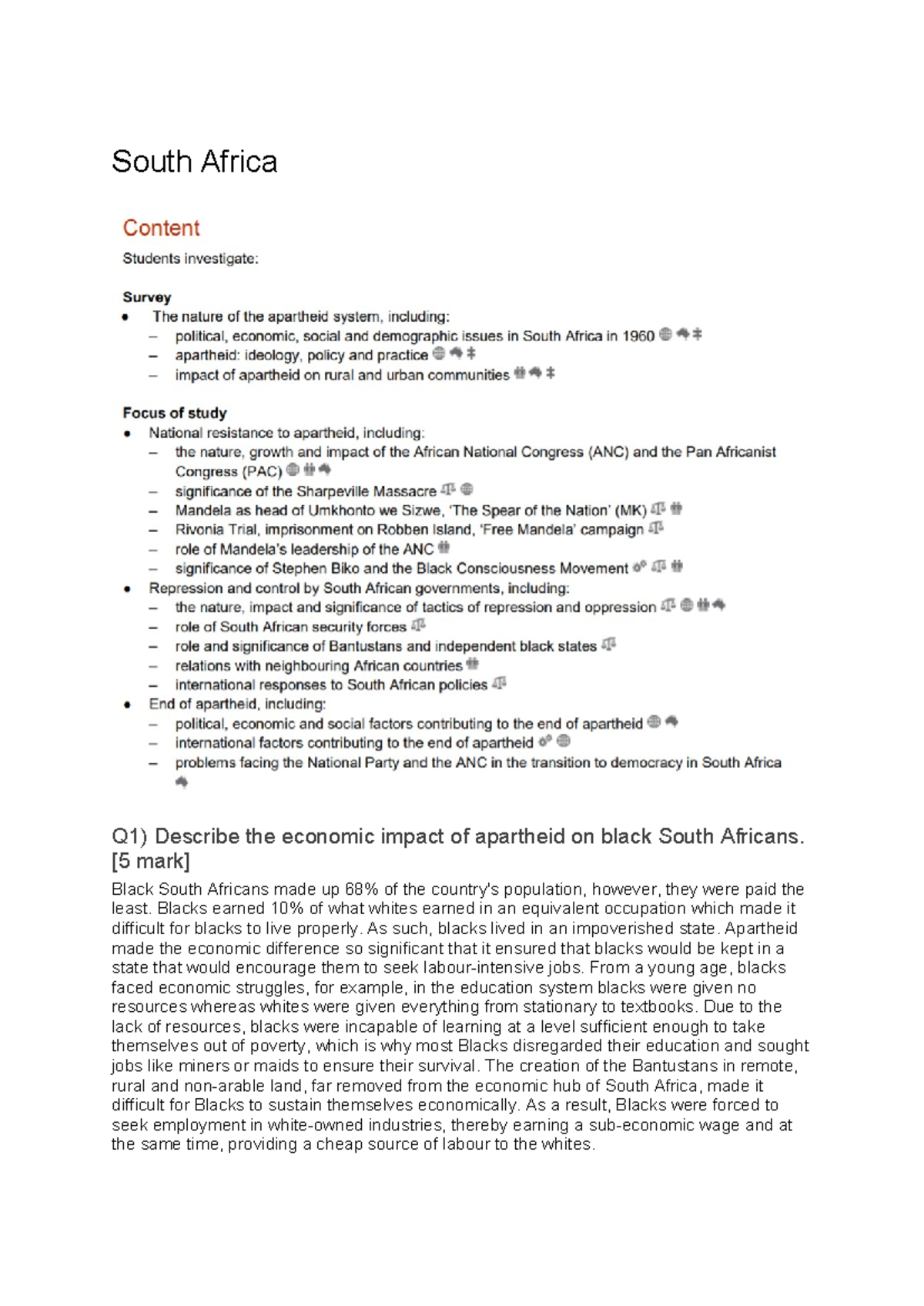 South Africa notes - South Africa Q1) Describe the economic impact of ...