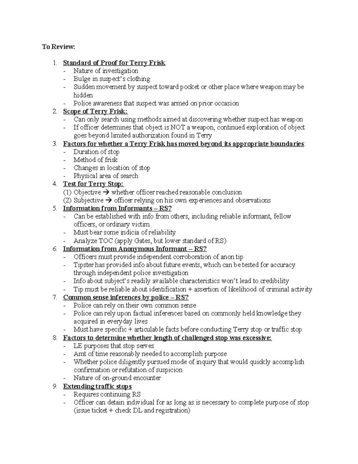 Crim Pro Final Analysis - To Review: 1. Standard of Proof for Terry ...