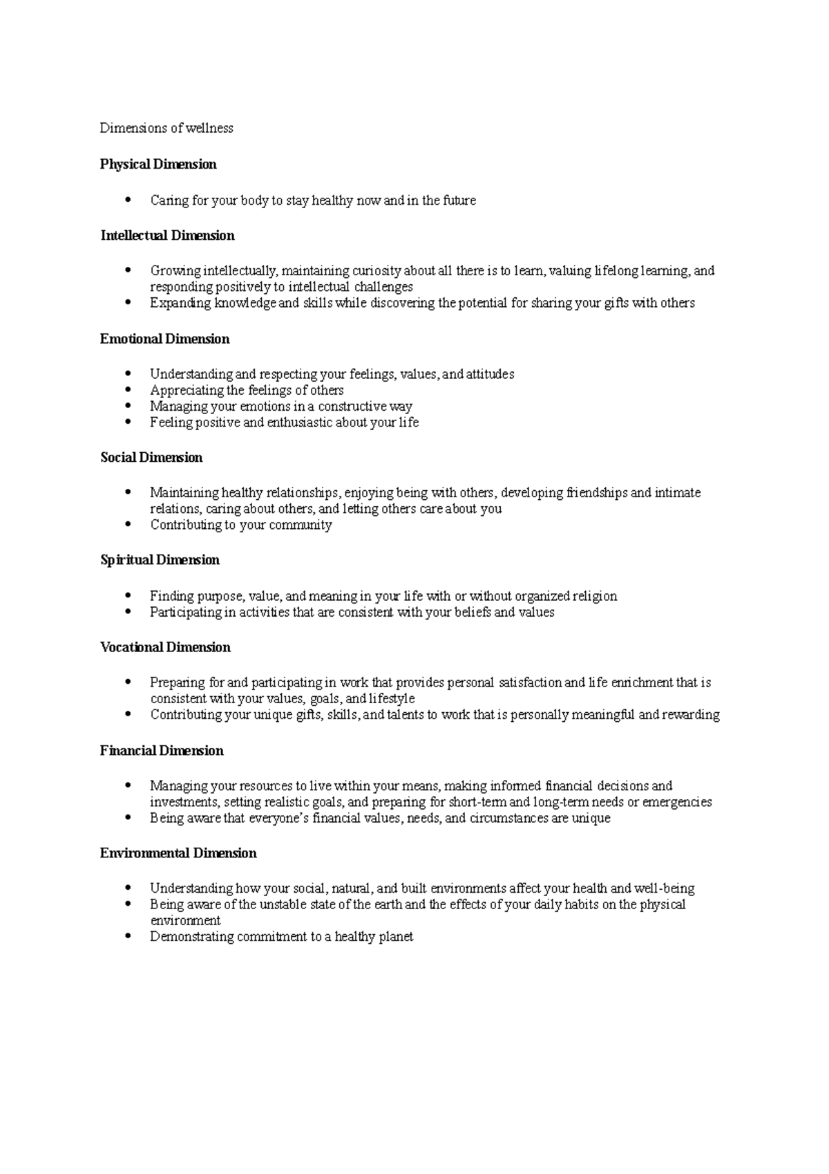 Dimensions of wellness - Dimensions of wellness Physical Dimension ...