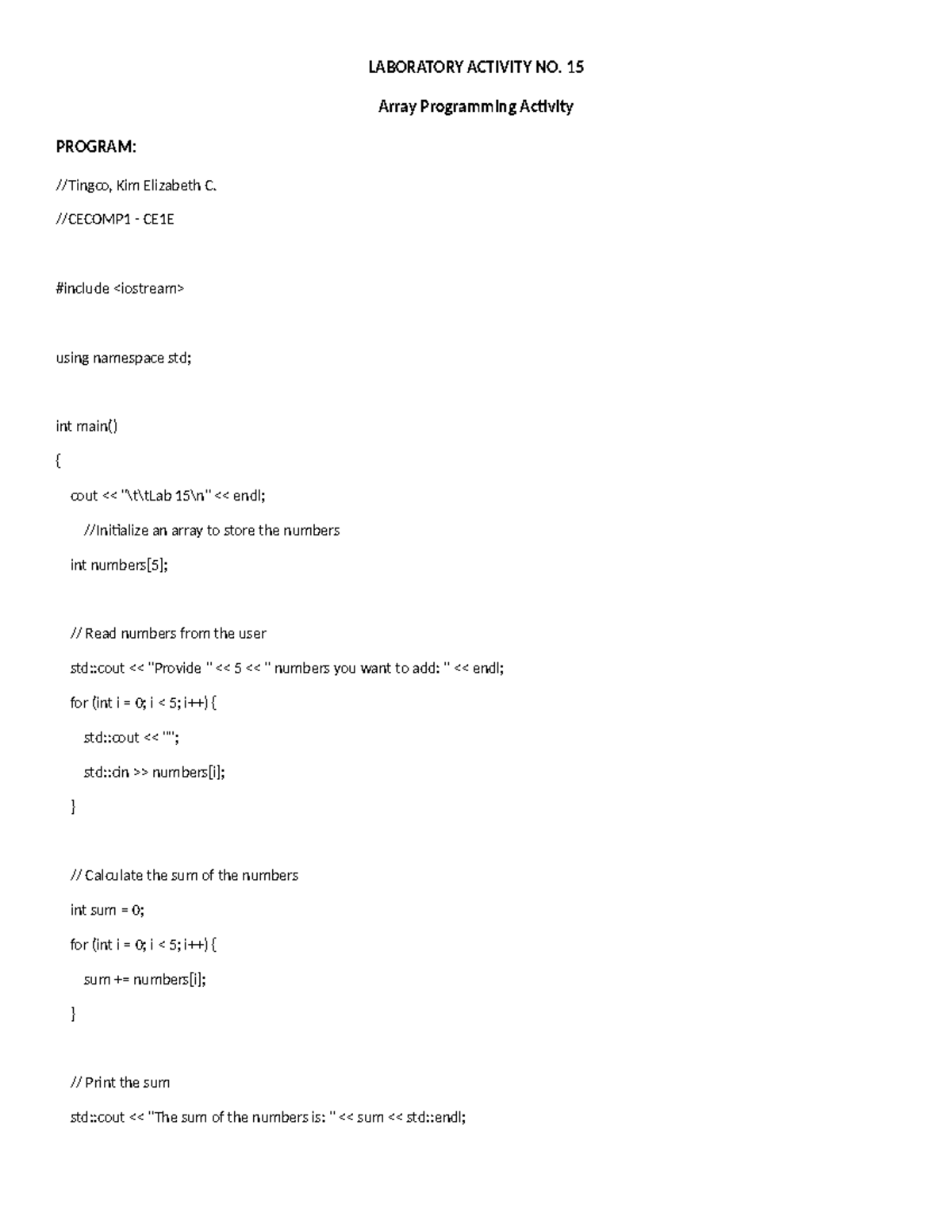 Laboratory 15 Tingco 1-2 - LABORATORY ACTIVITY NO. 15 Array Programming Activity PROGRAM ...
