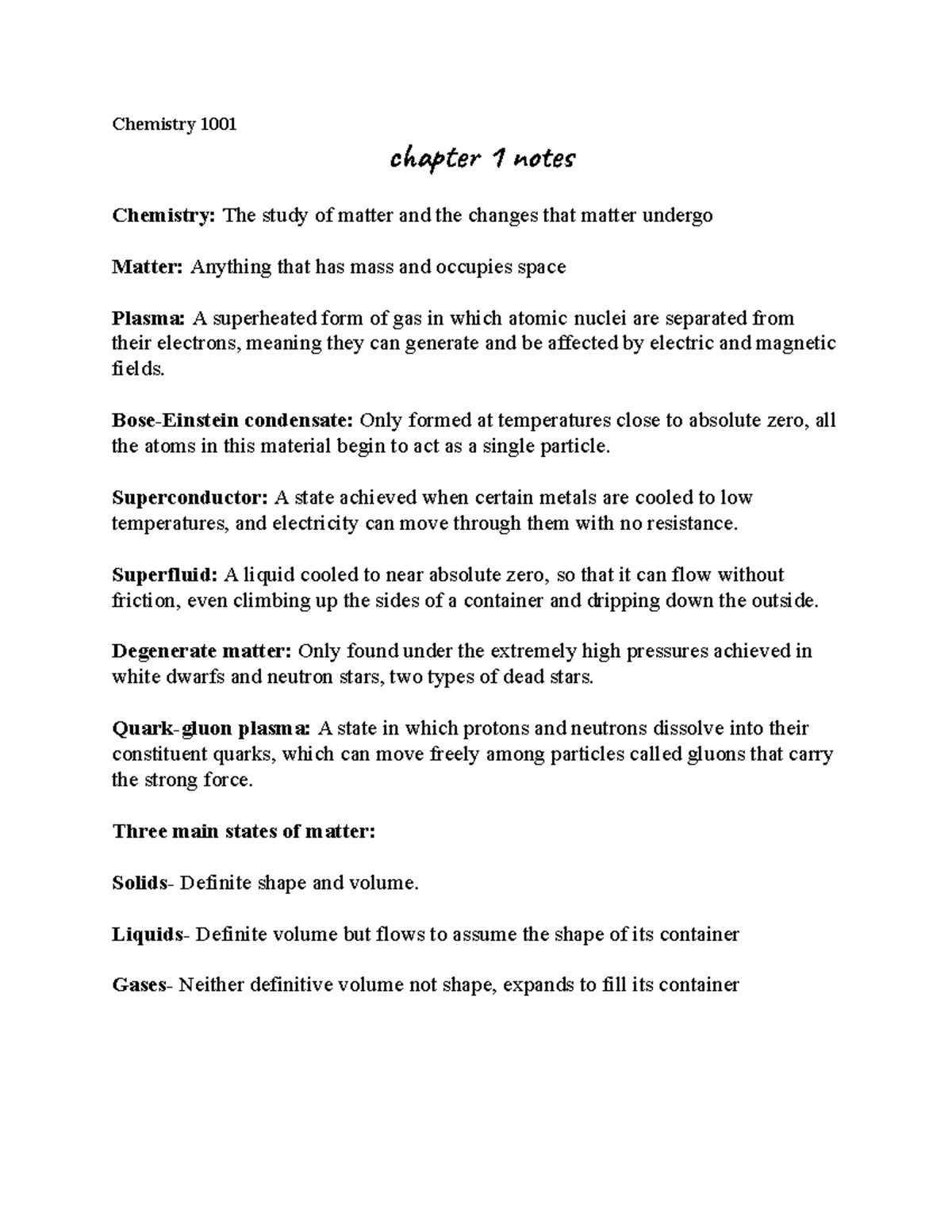 CHEM 1001 Chapter 1 Notes - Chemistry 1001 cat 1 no Chemistry: The ...