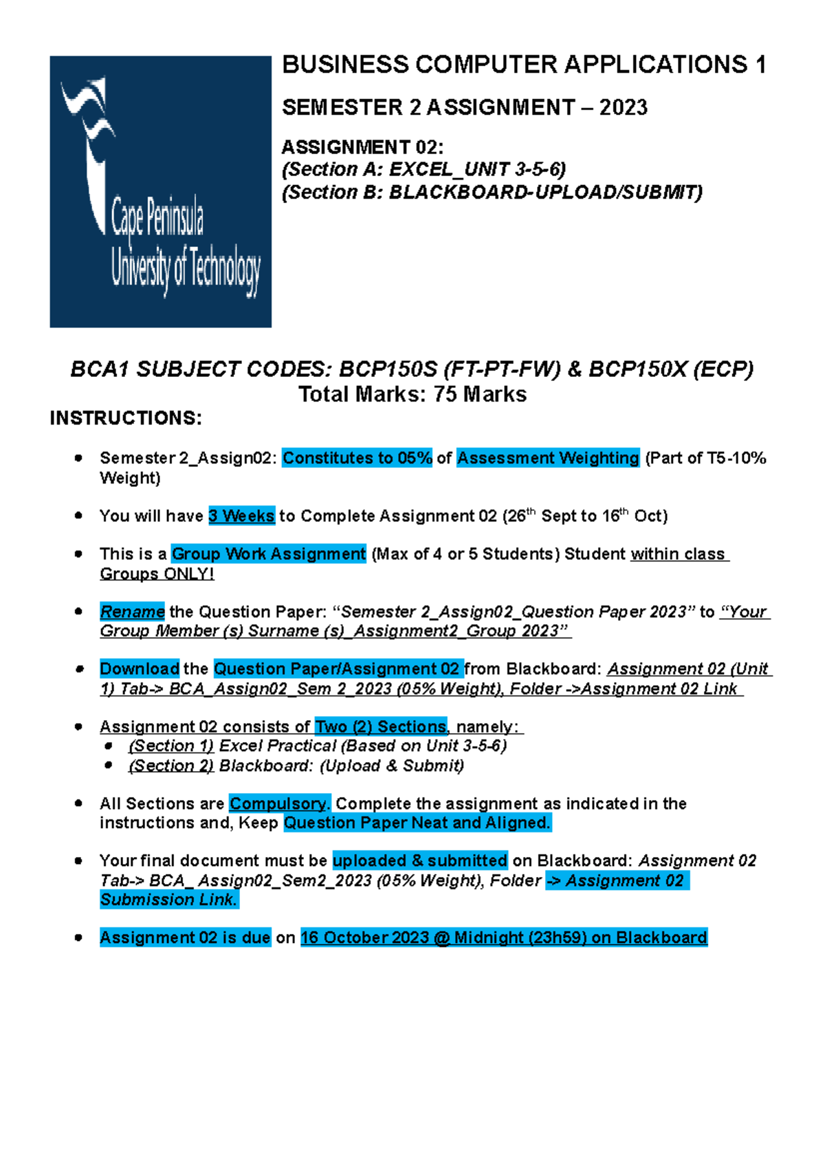 Excel Assign 02 Questions - BUSINESS COMPUTER APPLICATIONS 1 SEMESTER 2 ...
