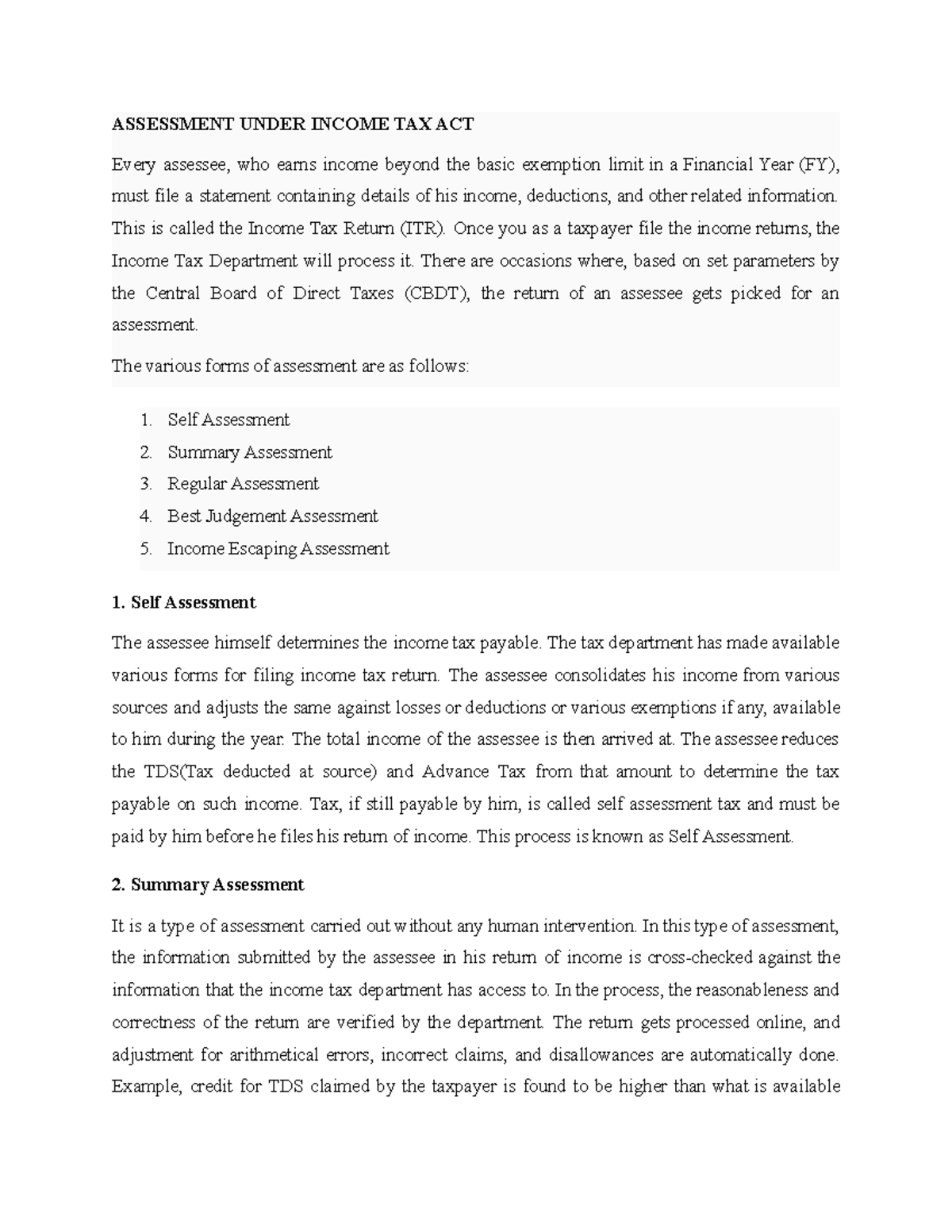 Types of Assessment - ASSESSMENT UNDER INCOME TAX ACT Every assessee ...