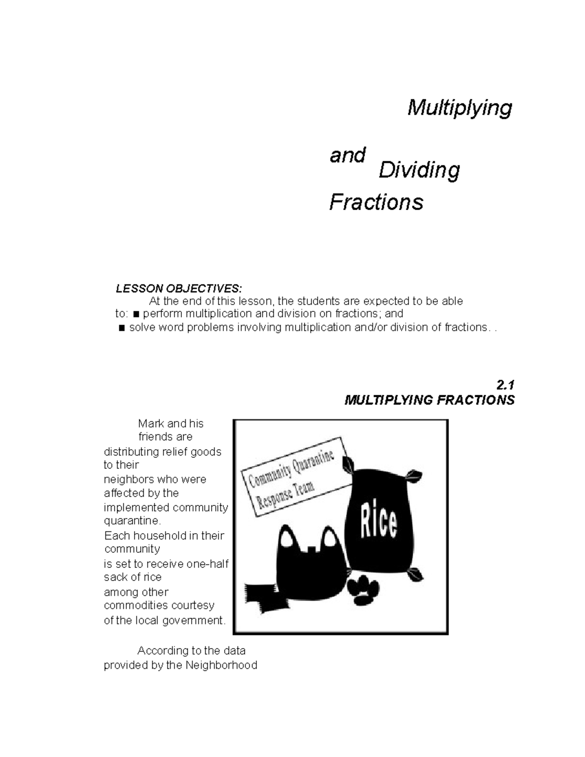 Lesson 2.1 Multiplying Fractions - Lesson 2 Multiplying and Dividing ...