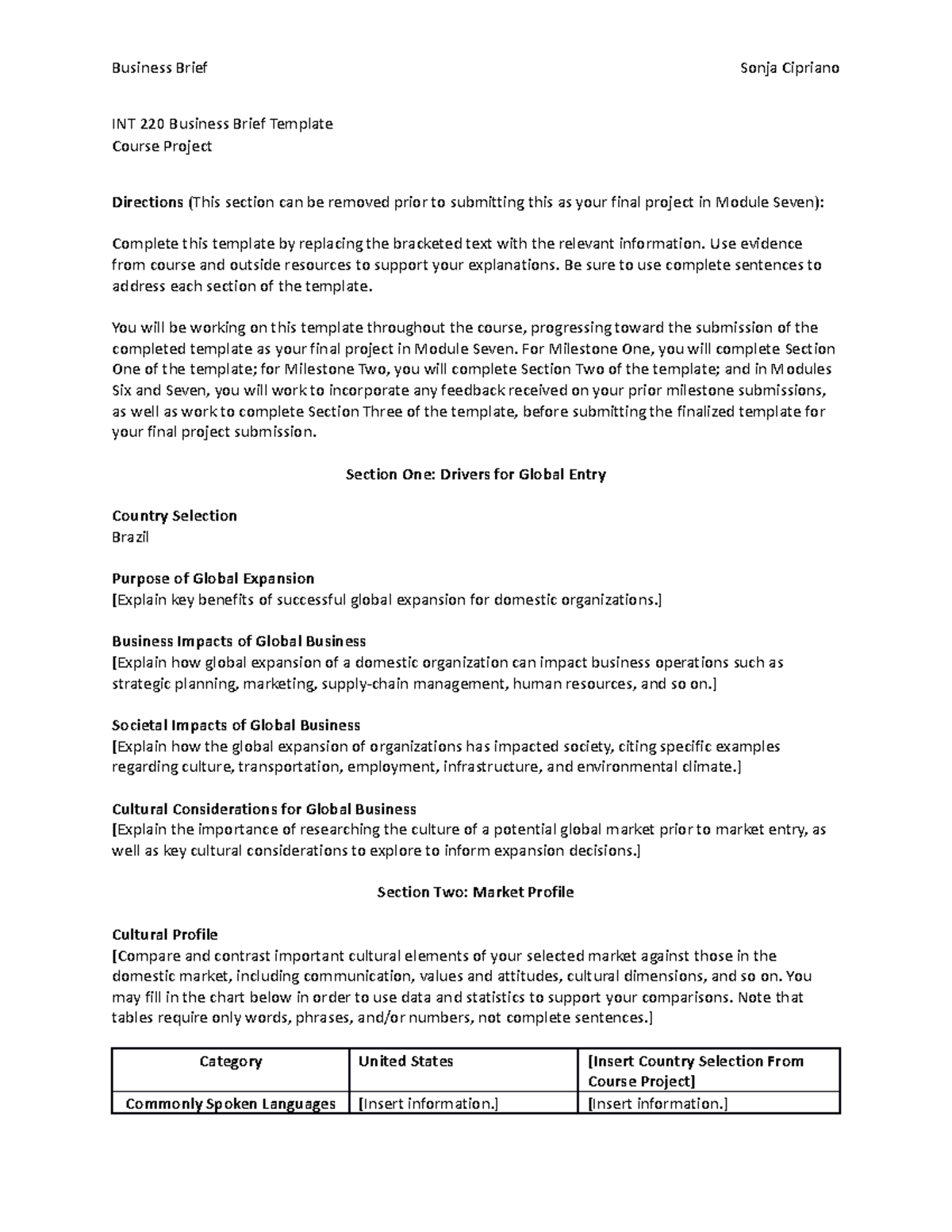 INT 220 Business Brief Template - Business Brief Sonja Cipriano INT 220 ...