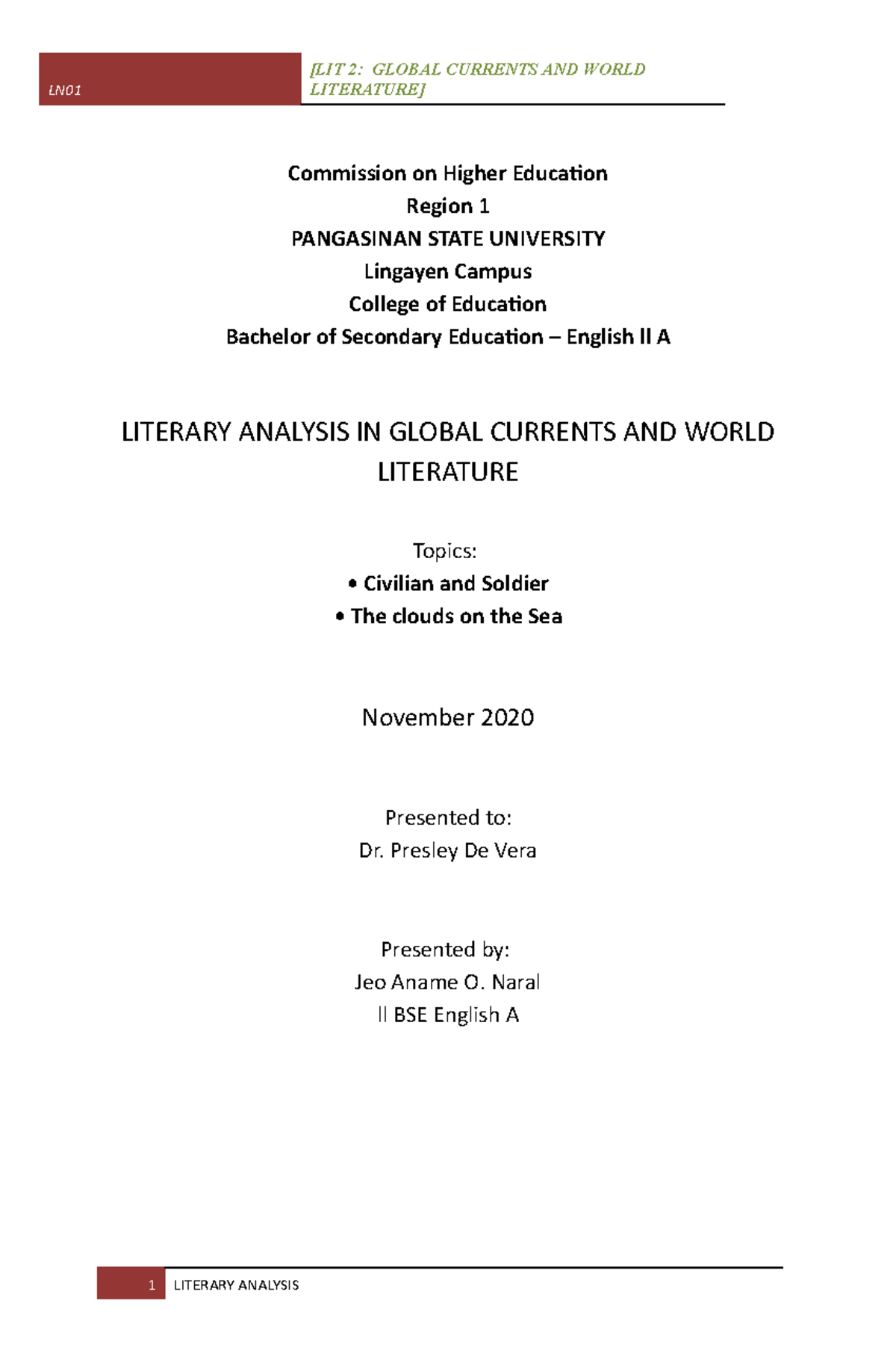 Naral, jeo aname o. literary analysis lit2 - BS. education - PangSU ...