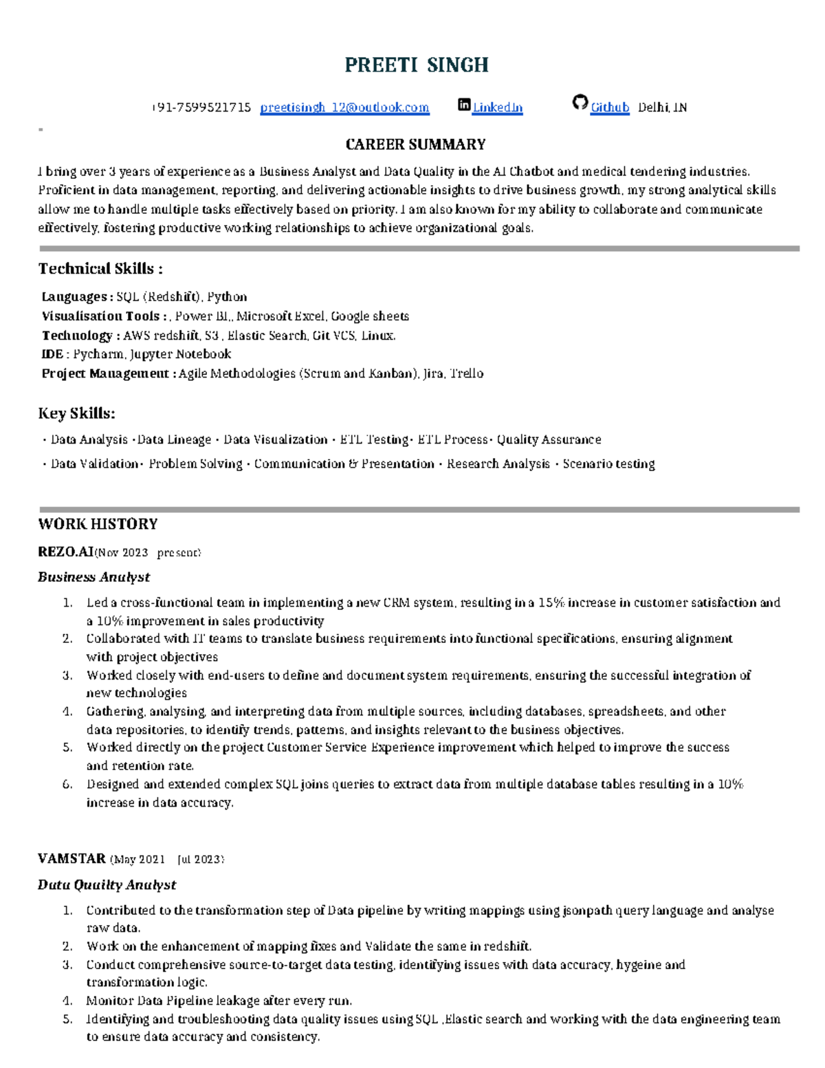 Preeti Resume - PREETI SINGH +91-7599521715 preetisingh_12@outlook LinkedIn Github Delhi, IN ...