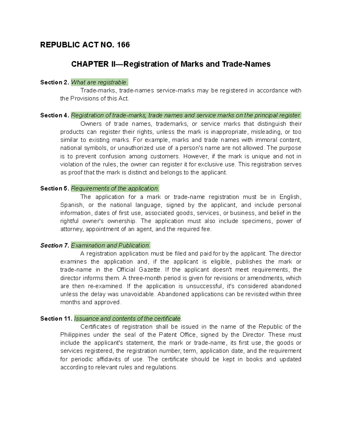 RA 166 - REPUBLIC ACT NO. 166 CHAPTER II—Registration of Marks and ...
