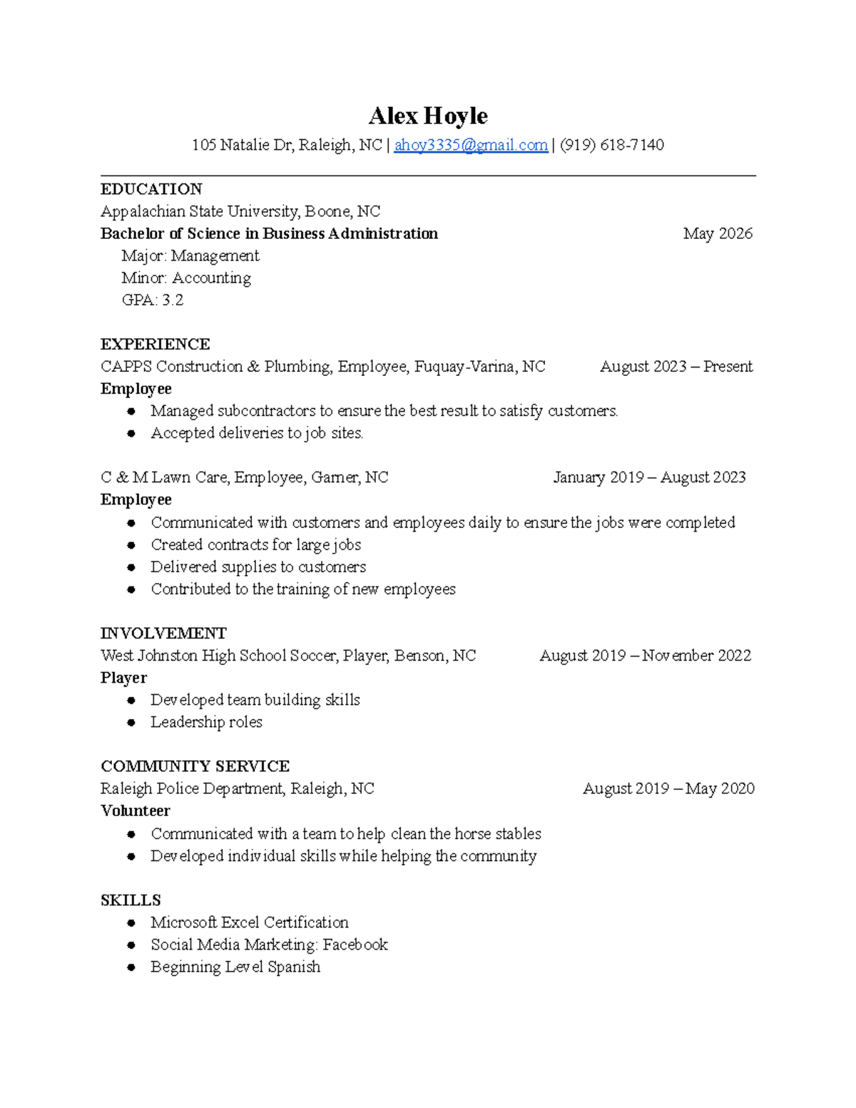 Resume-2 - none - Alex Hoyle 105 Natalie Dr, Raleigh, NC | ahoy3335 ...