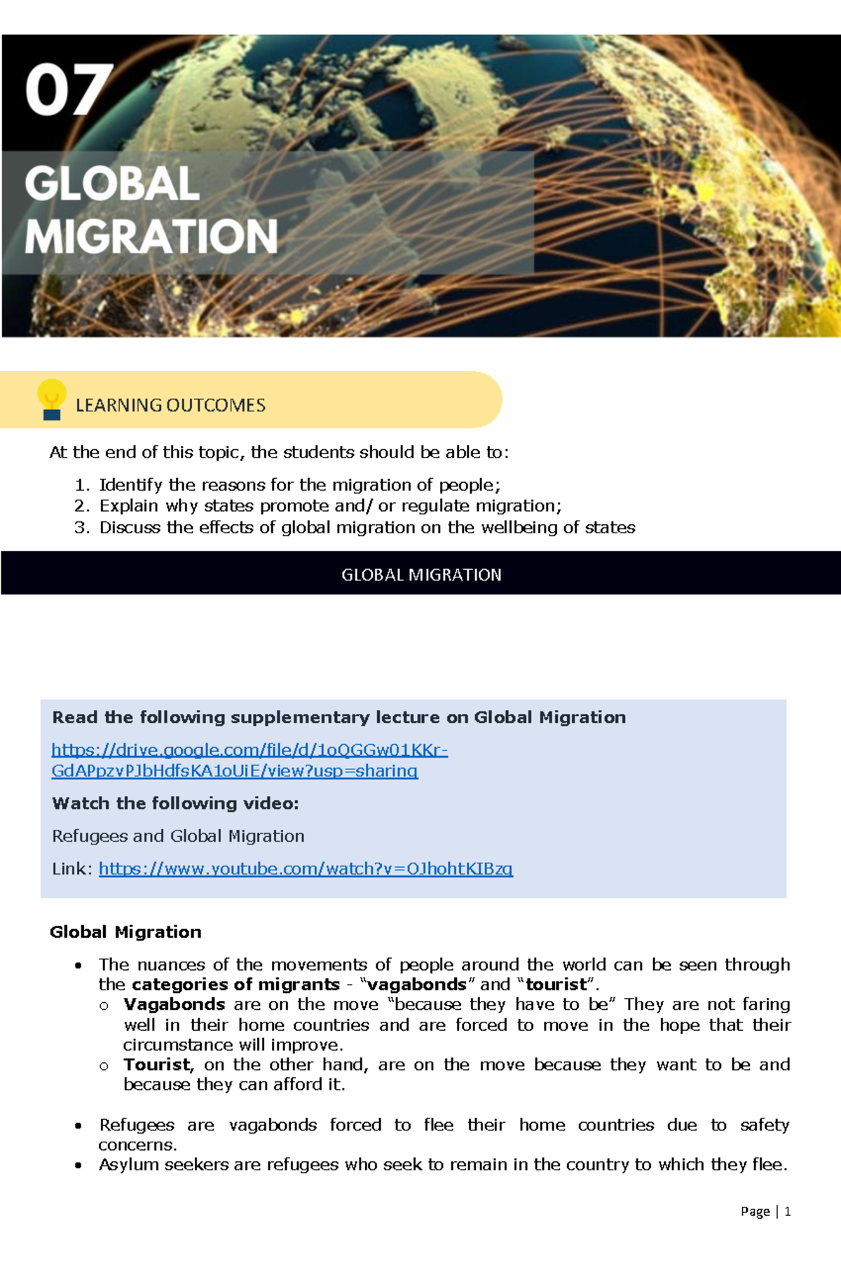 MODULE 7 CONTEMPORARY WORLD - Page | 1 Read the following supplementary lecture on Global ...