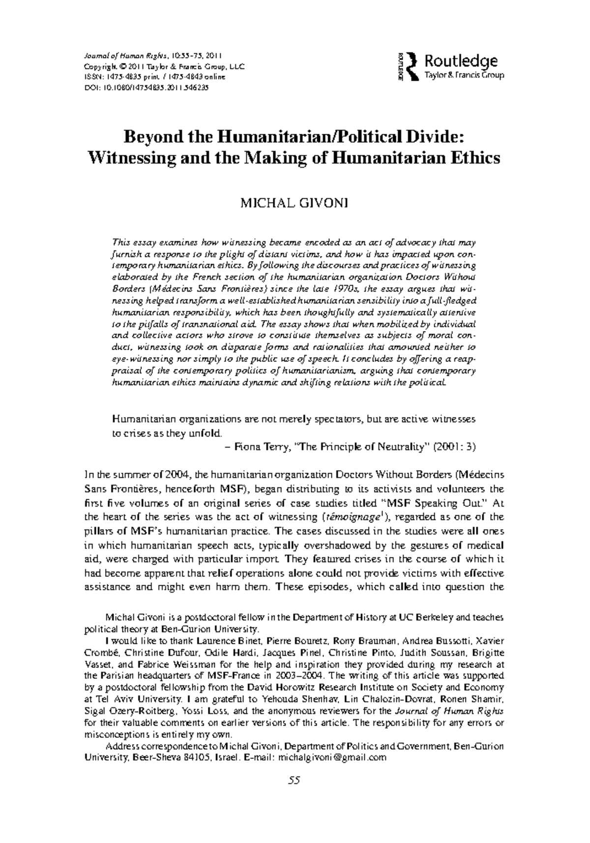Witnessing and the Making of Humanitarian Ethics-Givoni - Journal of ...