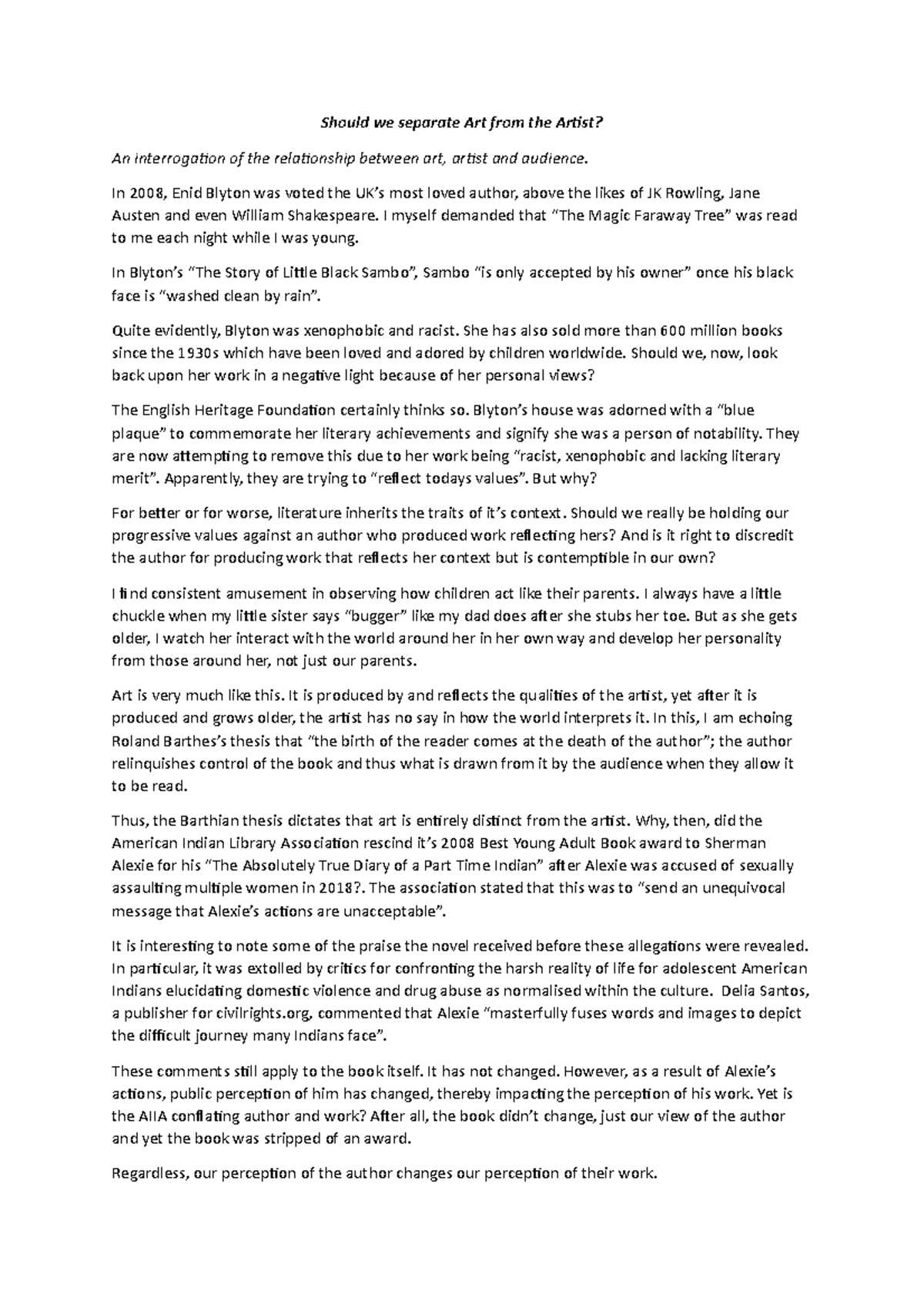 Final polished discursive - Should we separate Art from the Artist? An ...