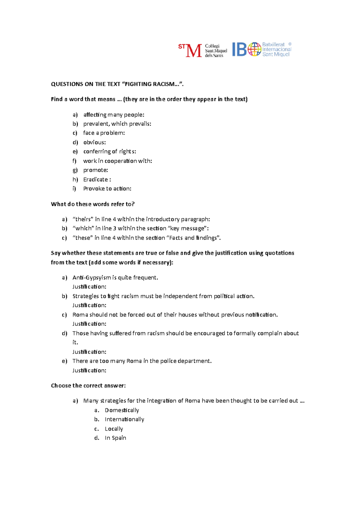 Racism text questions students 2 - QUESTIONS ON THE TEXT “FIGHTING ...