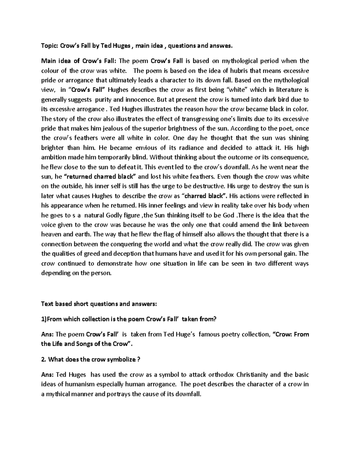 Crow's fall - Topic: Crow’s Fall by Ted Huges , main idea , questions ...