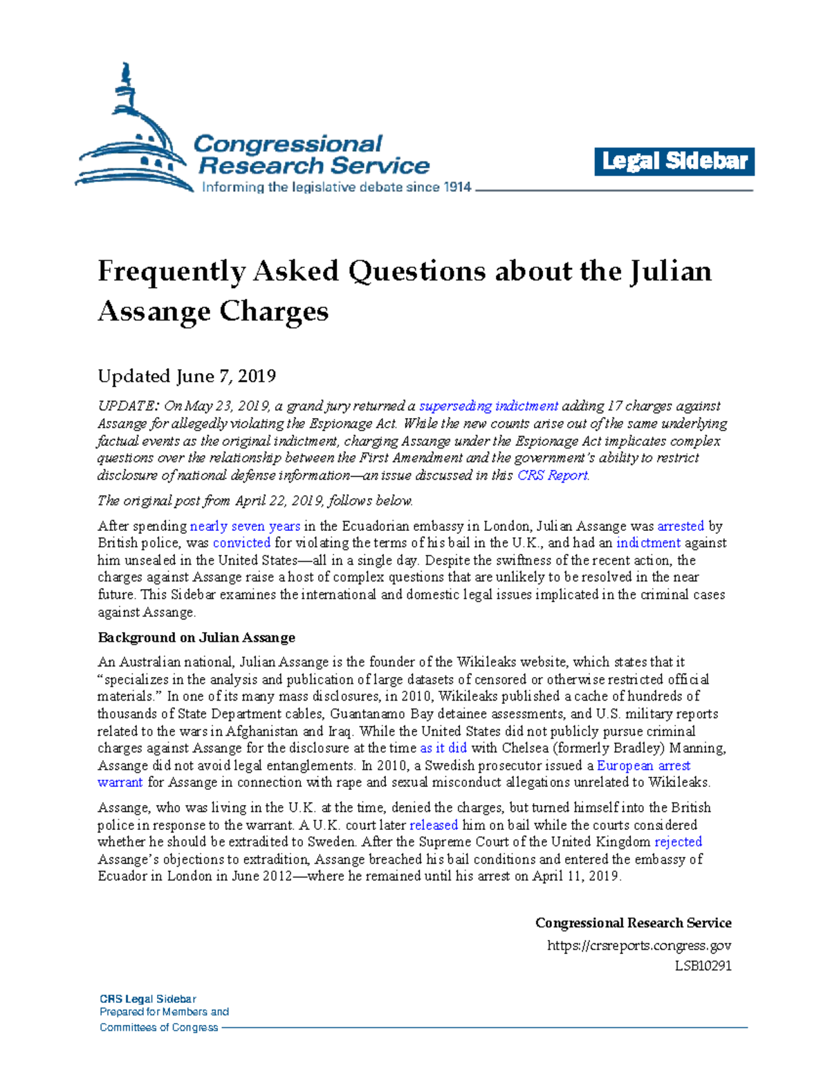 Assange - CRS Legal Sidebar Prepared for Members and Committees of ...