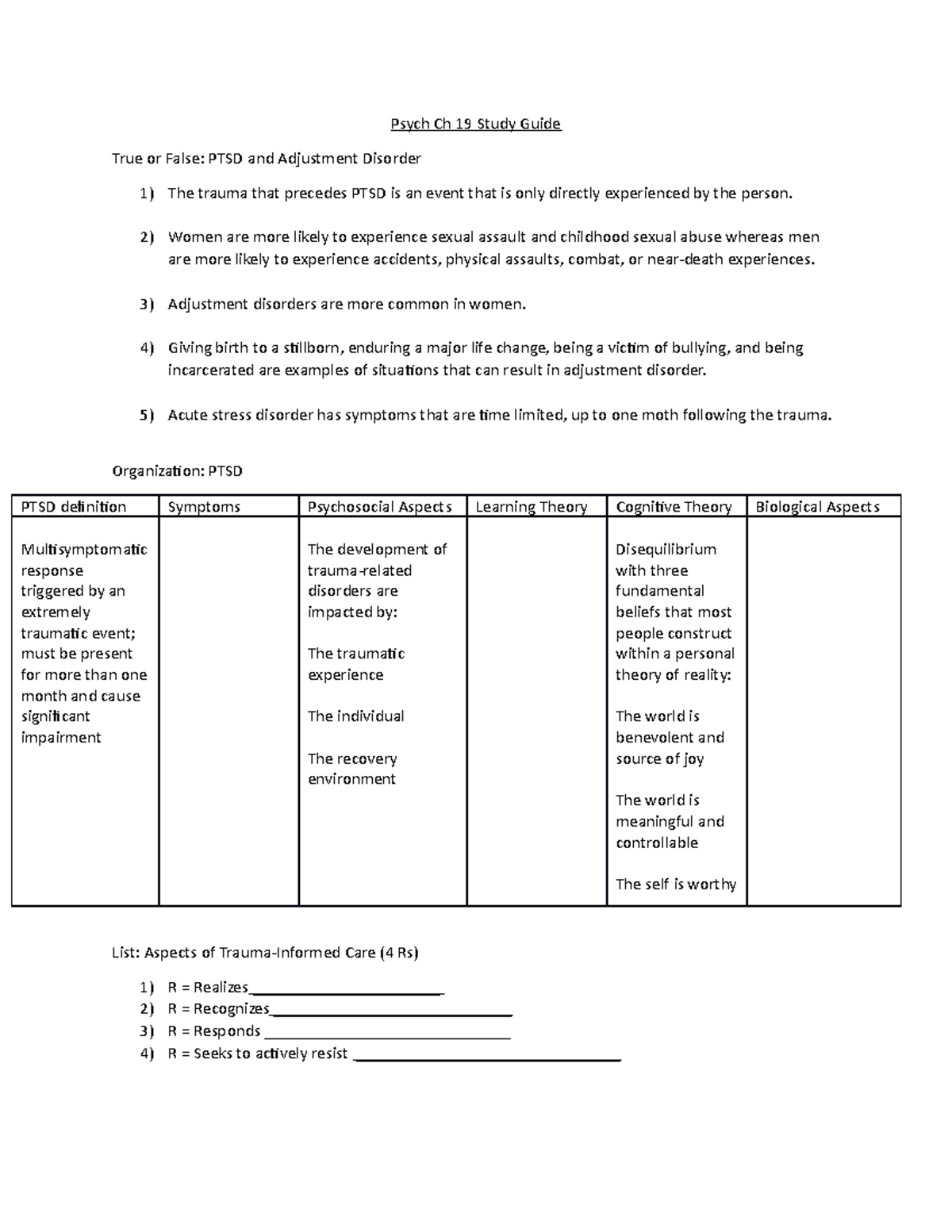 Psych PTSD Study Guide - Psych Ch 19 Study Guide True or False: PTSD ...