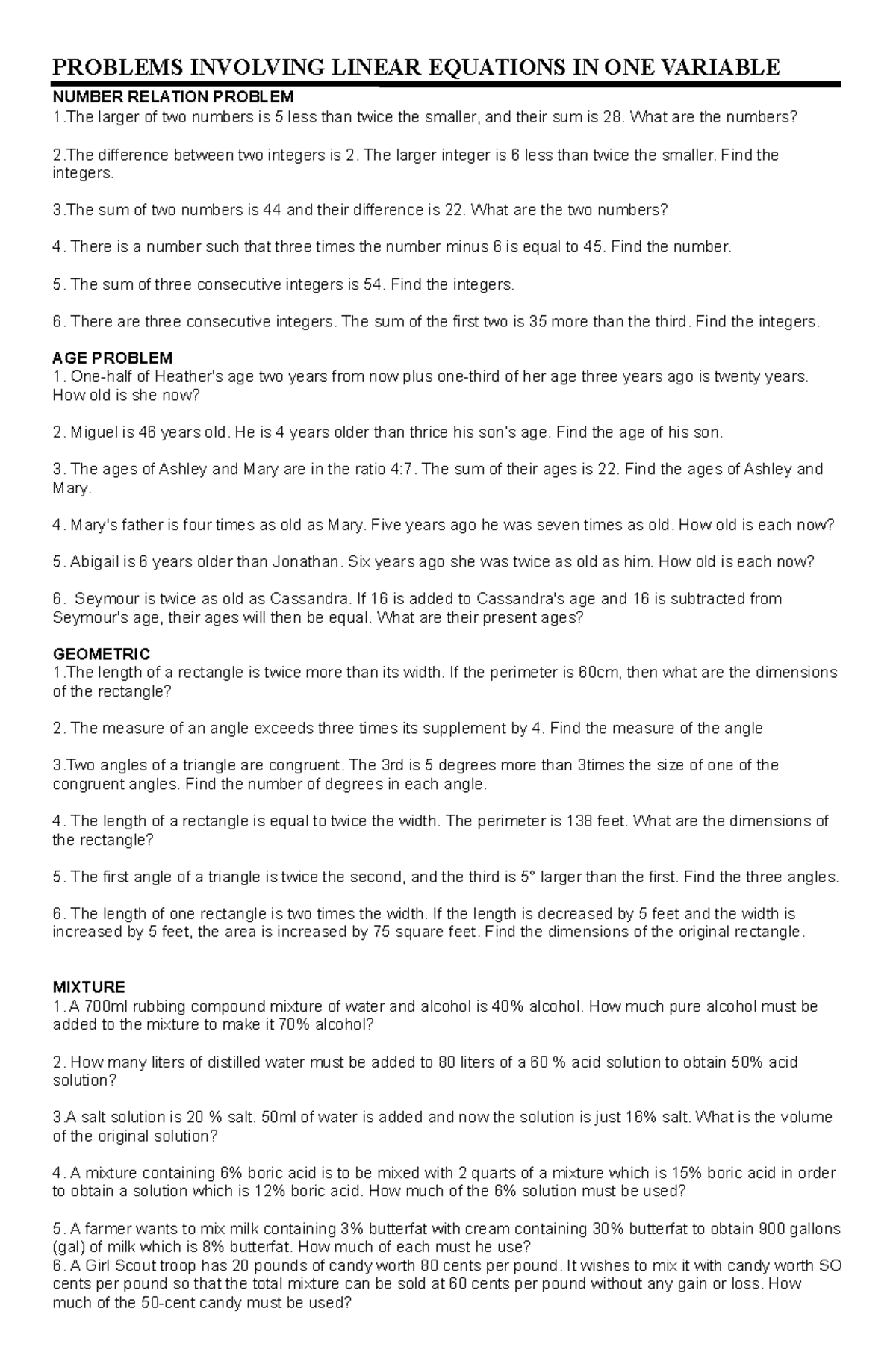 Problems on Linear Equations - PROBLEMS INVOLVING LINEAR EQUATIONS IN ...