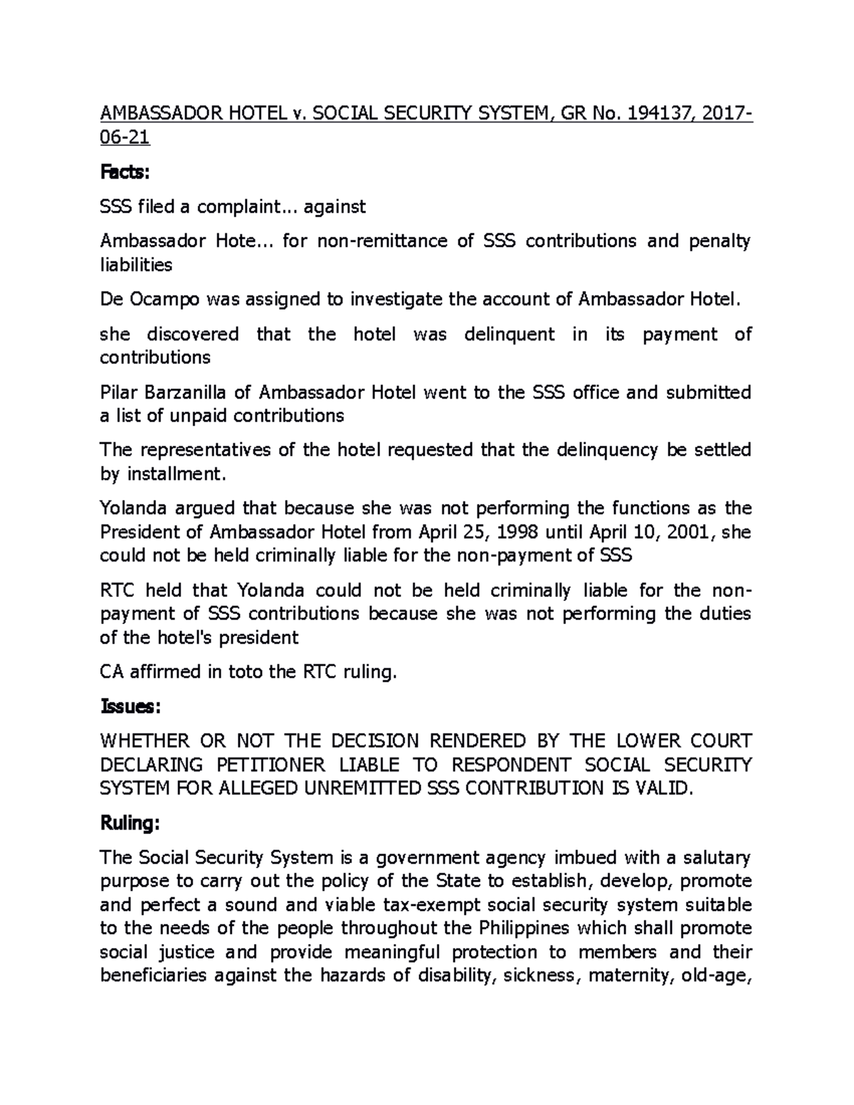 Socleg 091720219 2 - AMBASSADOR HOTEL v. SOCIAL SECURITY SYSTEM, GR No ...
