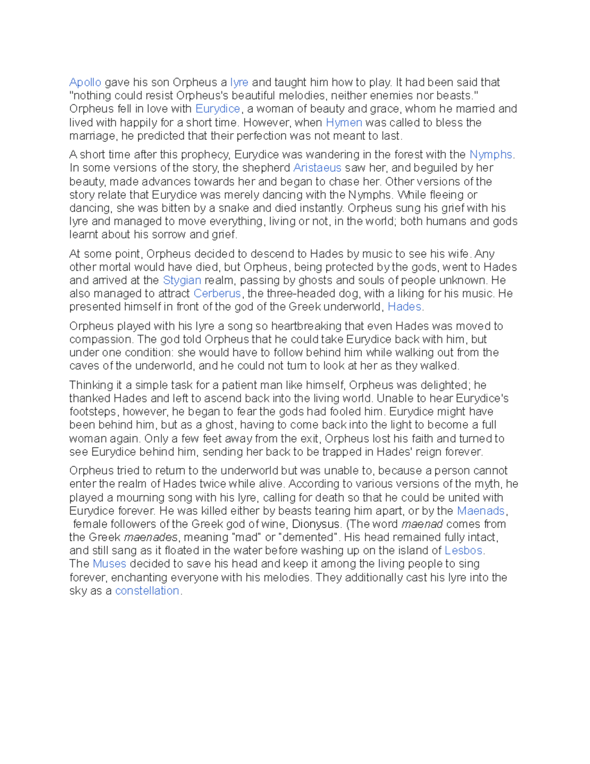 Orpheo legend - n/a - Apollo gave his son Orpheus a lyre and taught him ...