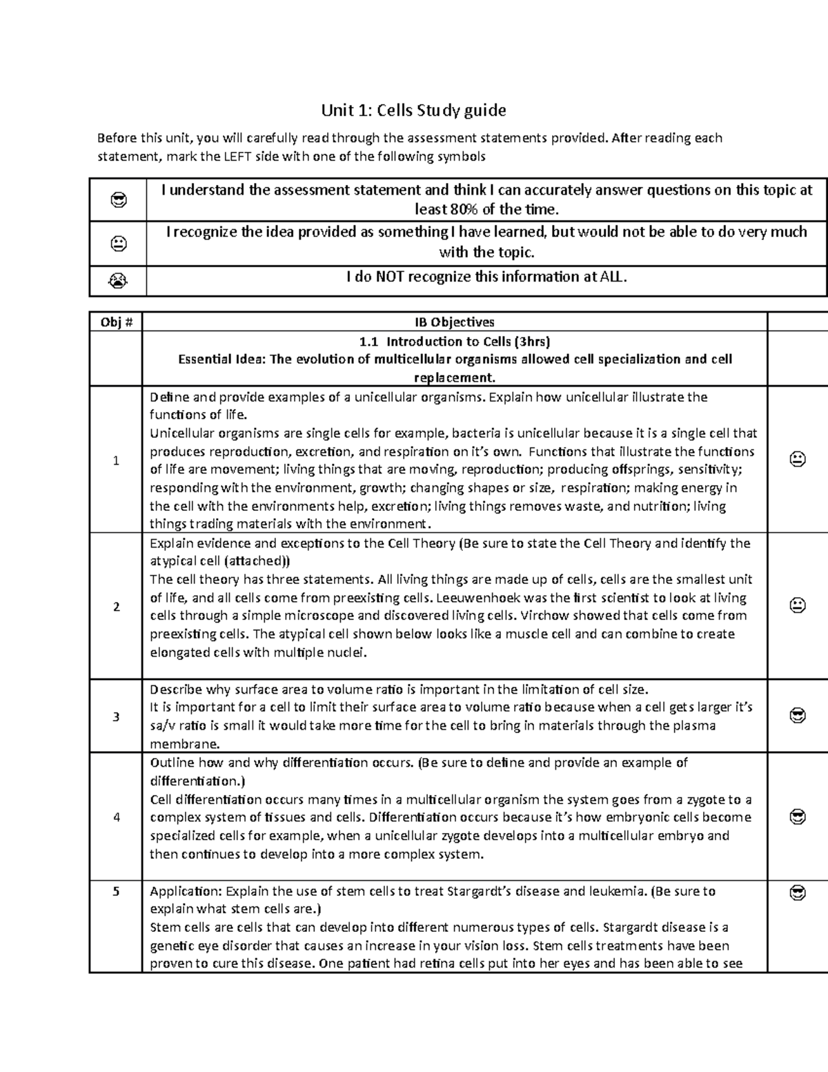 Unit 1 Cells Study guide - Unit 1: Cells Study guide Before this unit ...