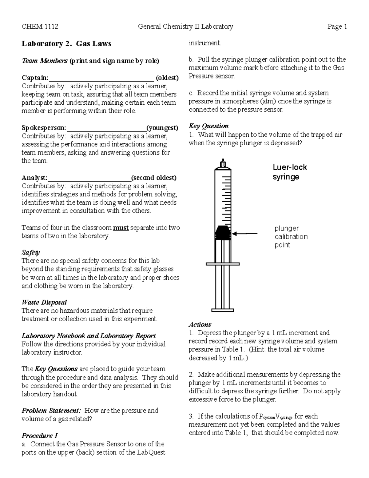 CHEM 1112-Lab 2-PV Relationship - CHEM 1112 General Chemistry II Laboratory Page 1 Laboratory 2 ...