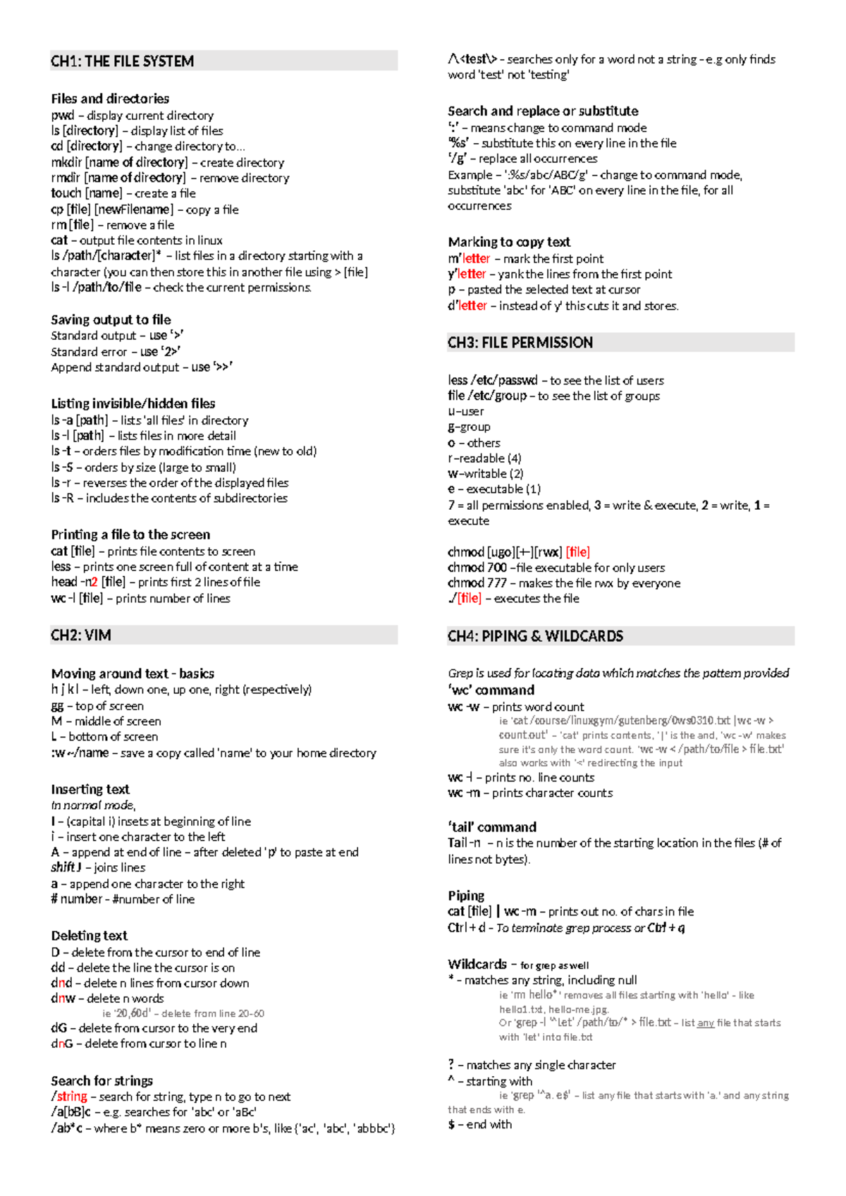 Cheat Sheet - CH1: THE FILE SYSTEM Files and directories pwd – display ...