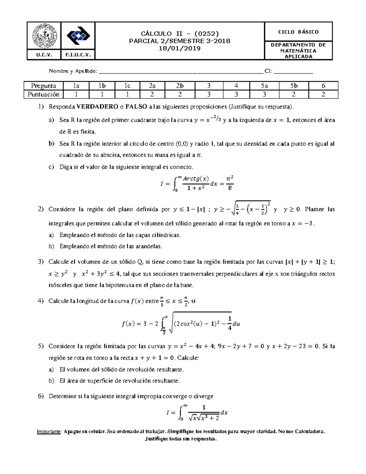 Parcial 2H - C¡LCULO II – (0252) PARCIAL 2/SEMESTRE 3- 18/01/ CICLO B ...