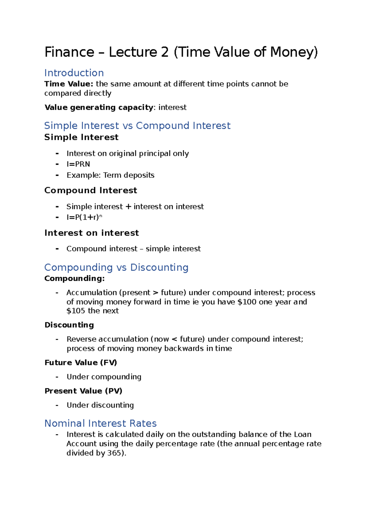 Lecture 2 - Notes - Finance – Lecture 2 (Time Value of Money ...