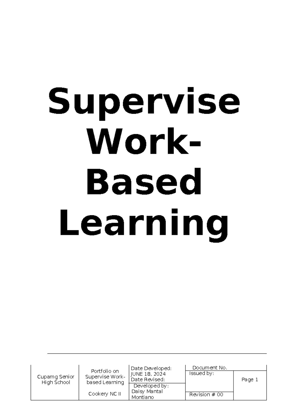 Daisy training plan - Supervise Work- Based Learning Cupamg Senior High ...