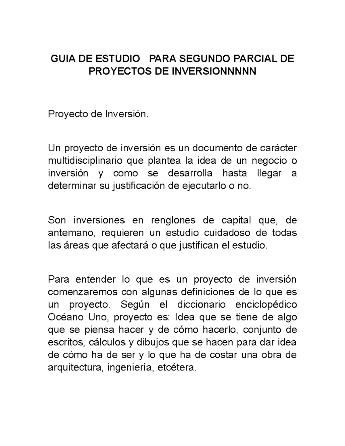 Proyectos DE Inversion GUIA Segundo Parcial - GUIA DE ESTUDIO PARA SEGUNDO PARCIAL DE PROYECTOS ...