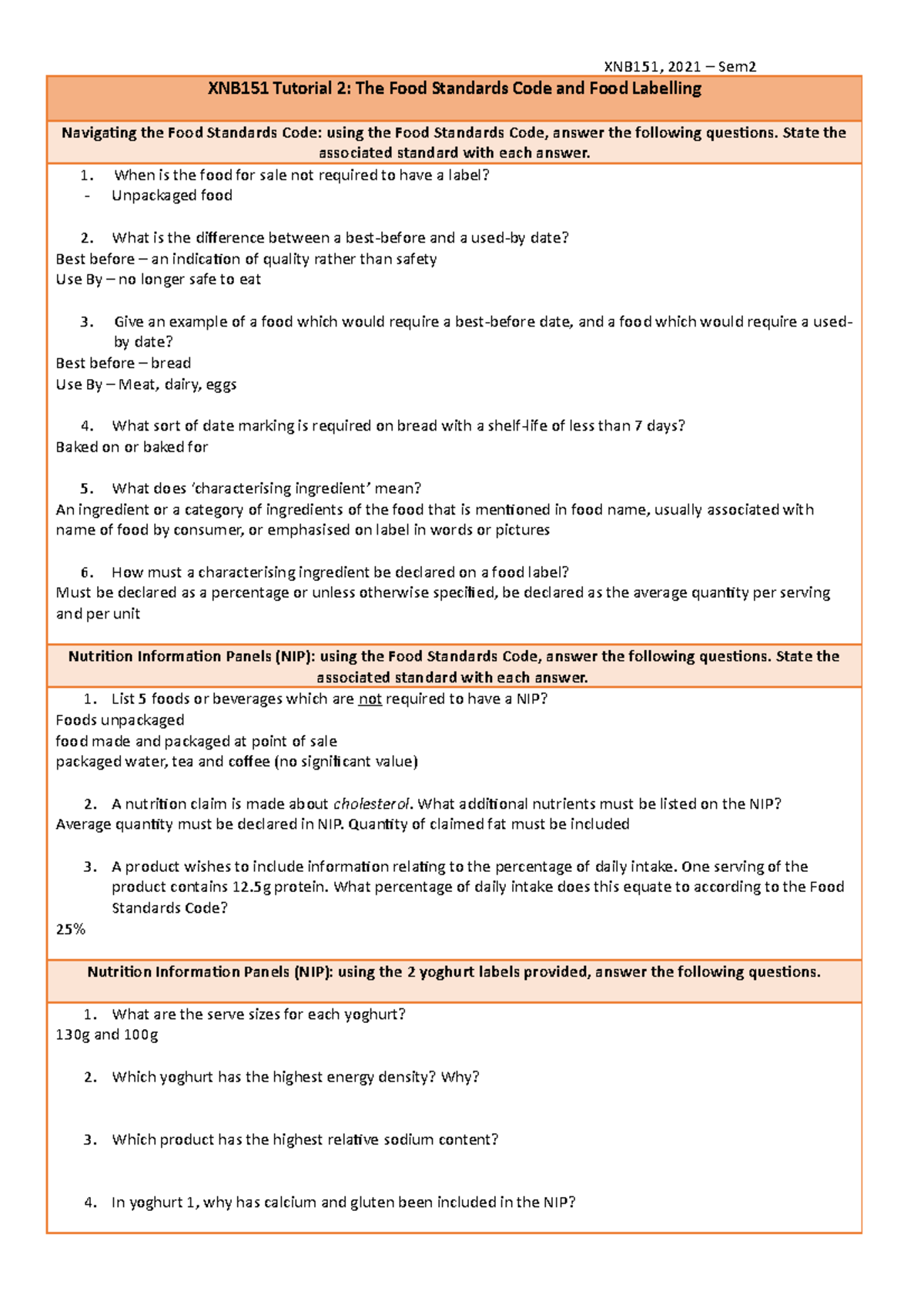 Tutorial 2 Food Labelling students - XNB151 Tutorial 2: The Food ...