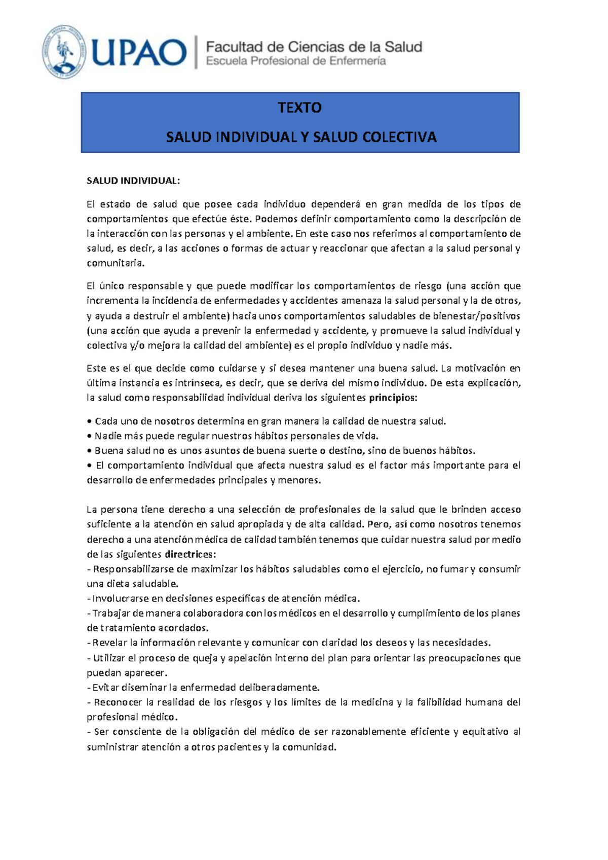 Texto Salud Individual Y Salud Colectiva - SALUD INDIVIDUAL: El estado de salud que posee cada ...