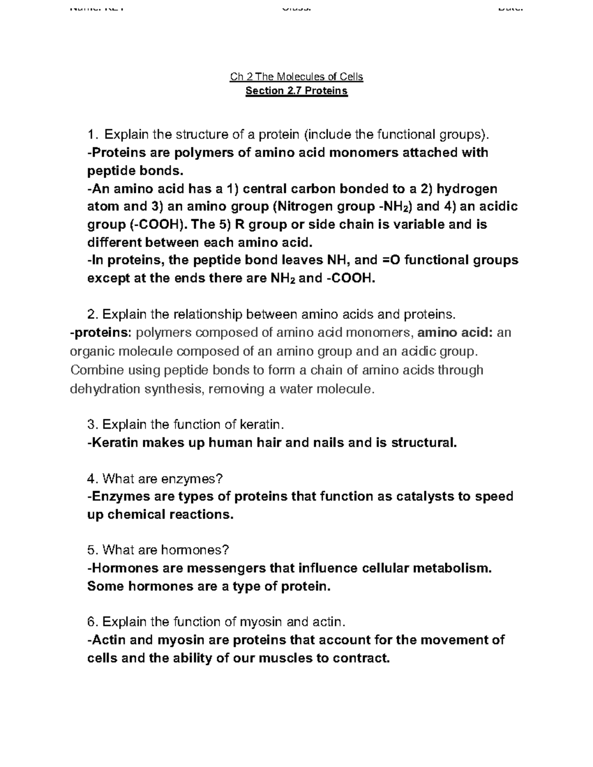 2.7 Protein Molecule Questions Answers - Ch 2 The Molecules of Cells ...