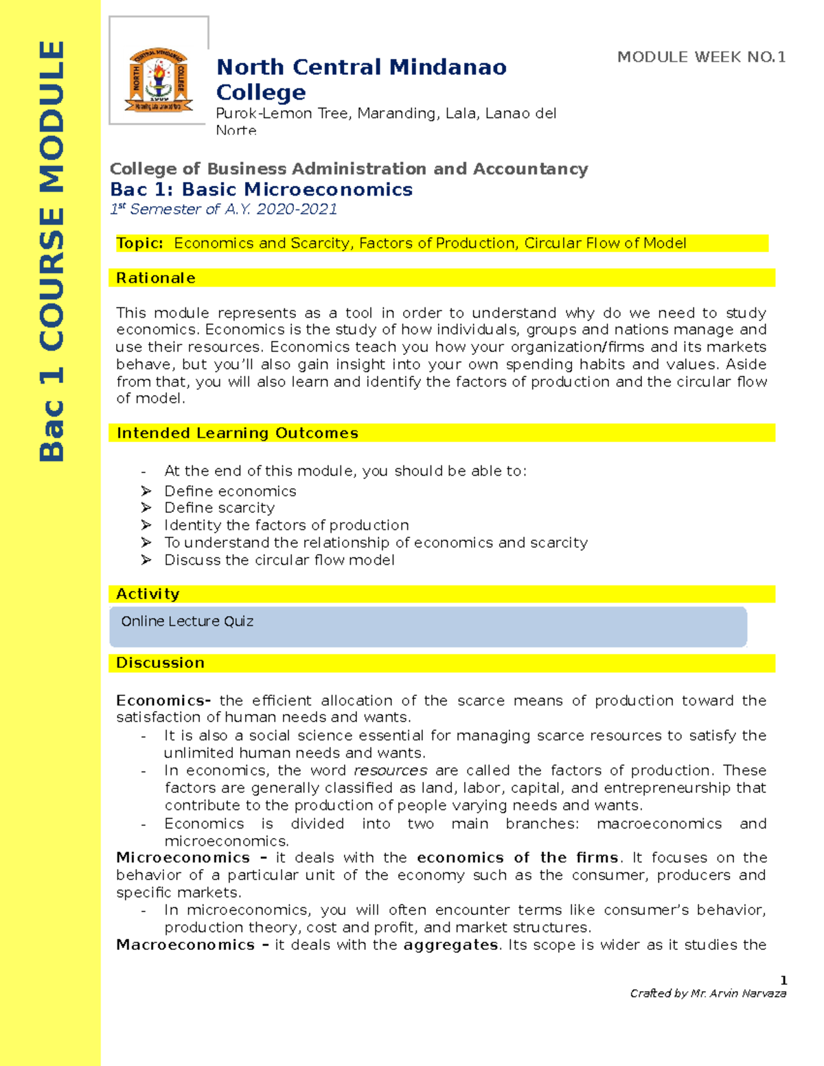 Microeconomics Module Bac 1 Course Module College Of Business