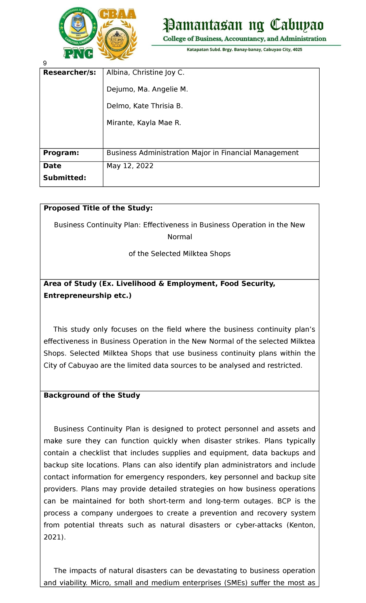 Concept Paper Business Continuity PLAN - 9 Researcher/s: Albina ...