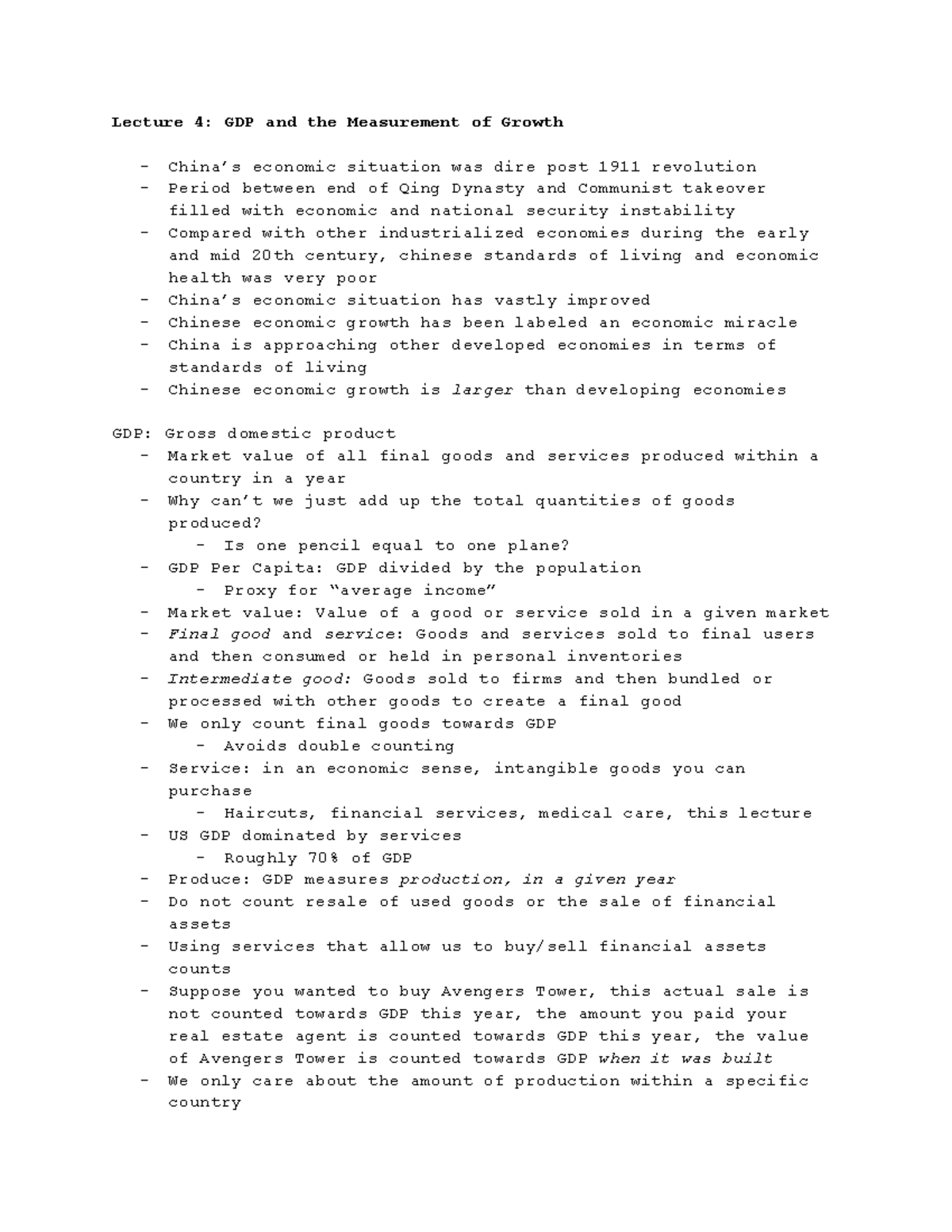 Macroeconomics Lectures 4-8 - Lecture 4: GDP and the Measurement of ...