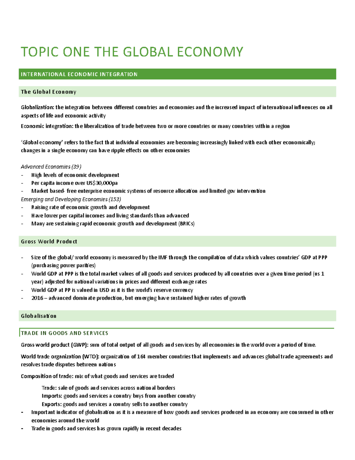 1. The Global Economy Notes for economics - TOPIC ONE THE GLOBAL ...