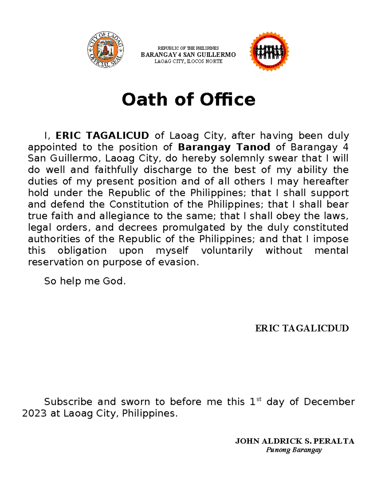 OATH OF Office 2024 - REPUBLIC OF THE PHILIPINES BARANGAY 4 SAN ...