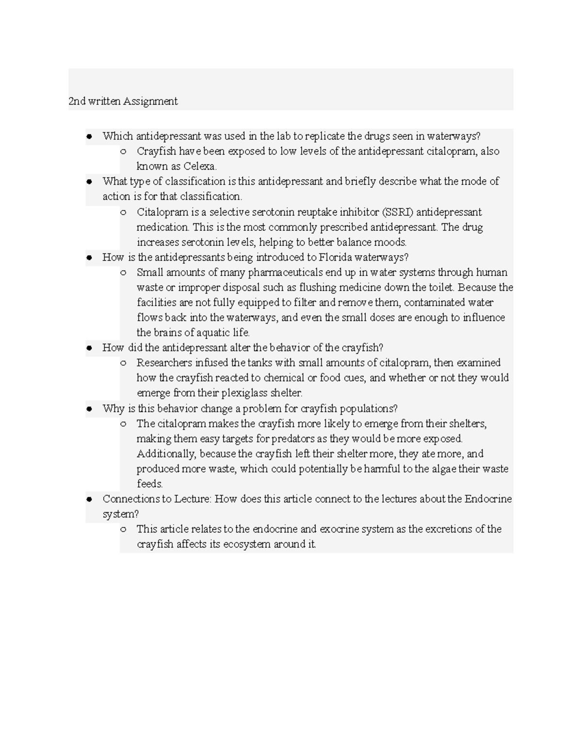 Written Assignment 2 - 2nd written Assignment Which antidepressant was used in the lab to - Studocu